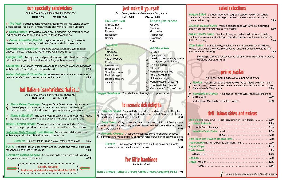 Menu at Vanelli's Deli restaurant, Germantown
