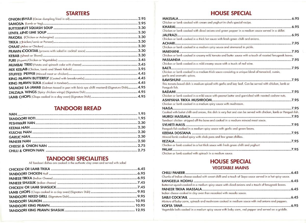 Menu at Ashiyana restaurant, Luton