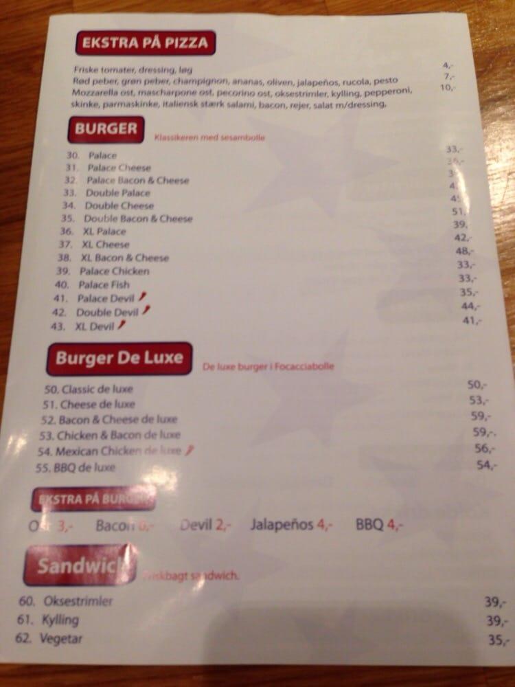 Menu at Burger Palace pizzeria, Copenhagen, Vesterbrogade 85