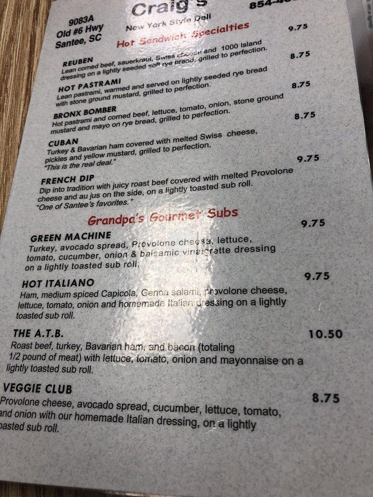 Menu at Craig's Deli cafe, Santee