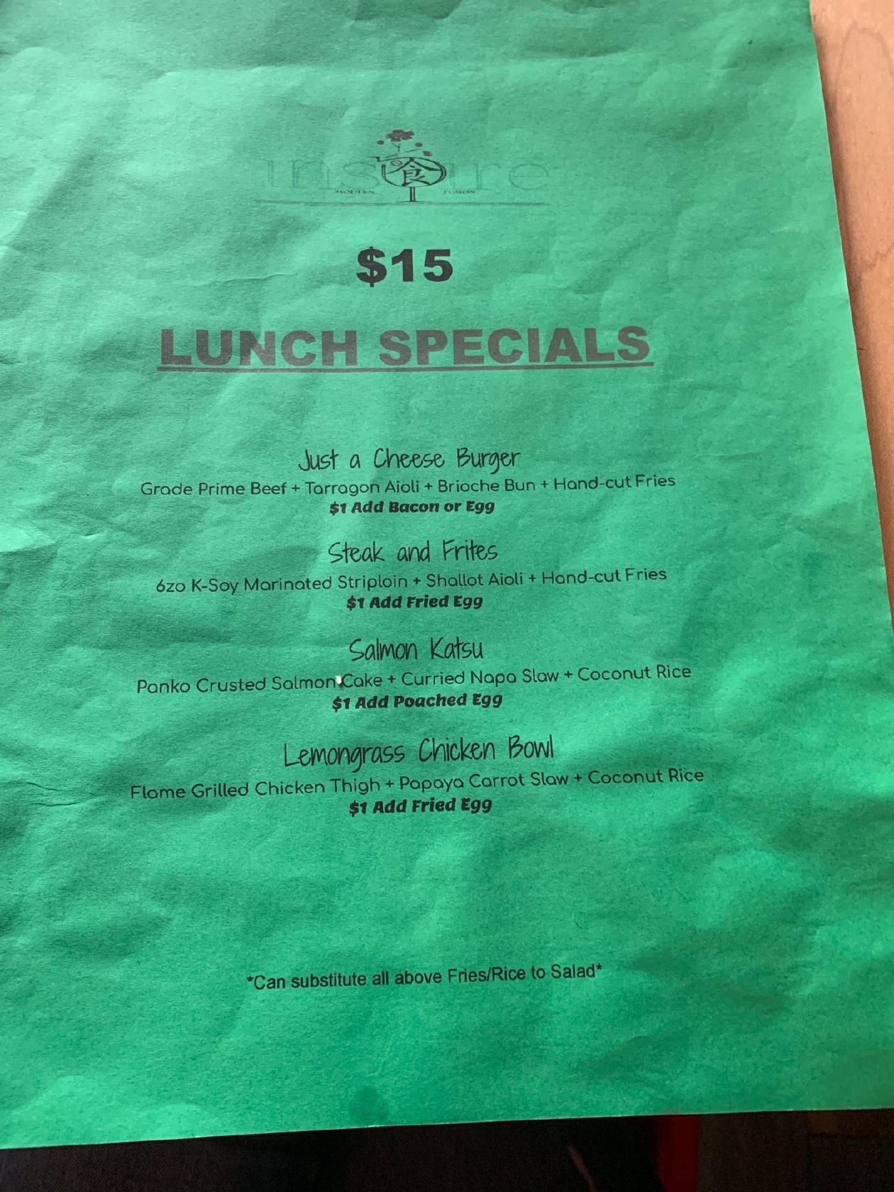 Menu at Inspire Restaurant, Markham, 144 Main Street Markham N #1