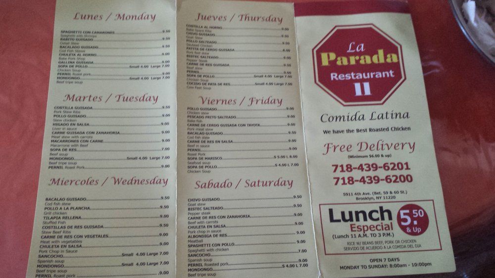 Menu at La Parada 2 restaurant, New York City, 4th Ave