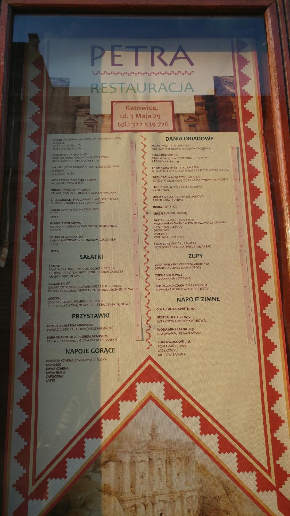 Carta del restaurante Petra, Katowice