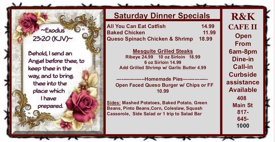 Menu at R&K Cafe II, Cleburne