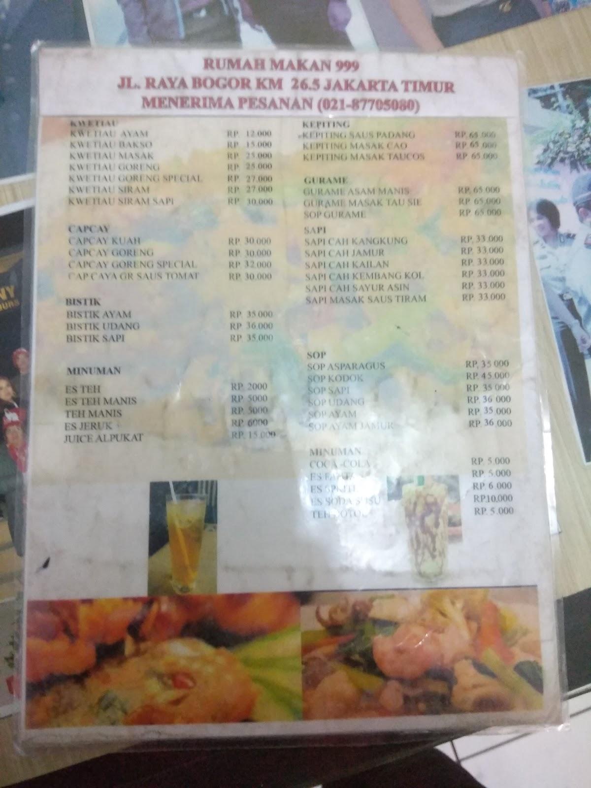 Menu at Restoran 999 restaurant, East Jakarta
