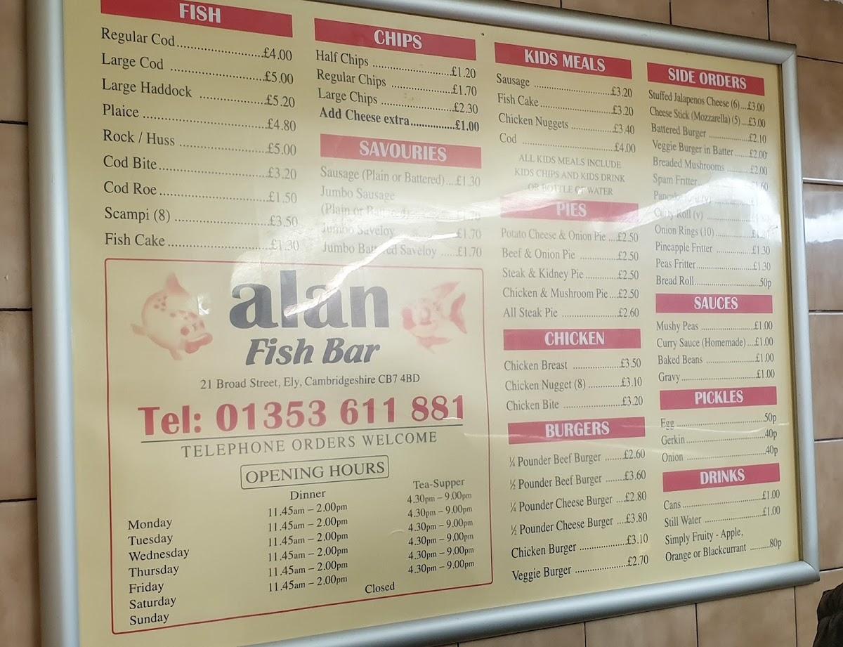 Menu at Alan's Fish Bar, Ely