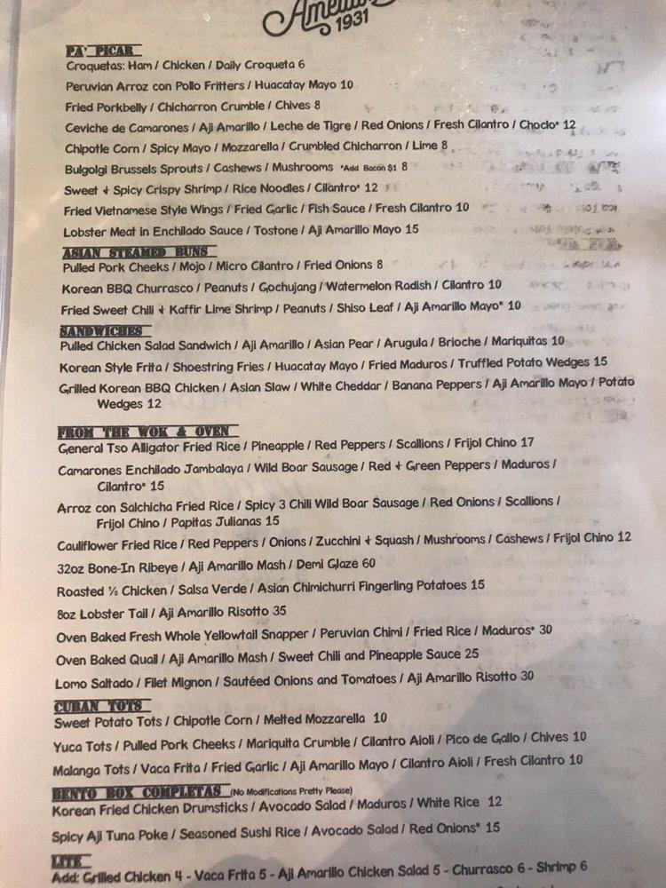 Menu at Amelia's 1931 restaurant, Tamiami, SW 26th St