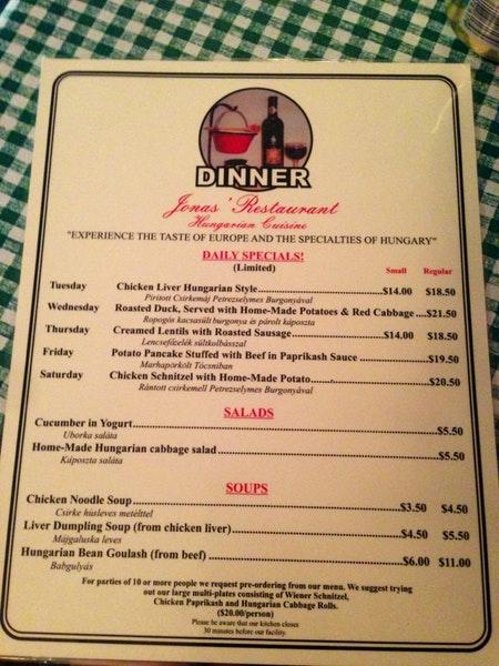 Menu at Jonas Restaurant & Bar, Calgary