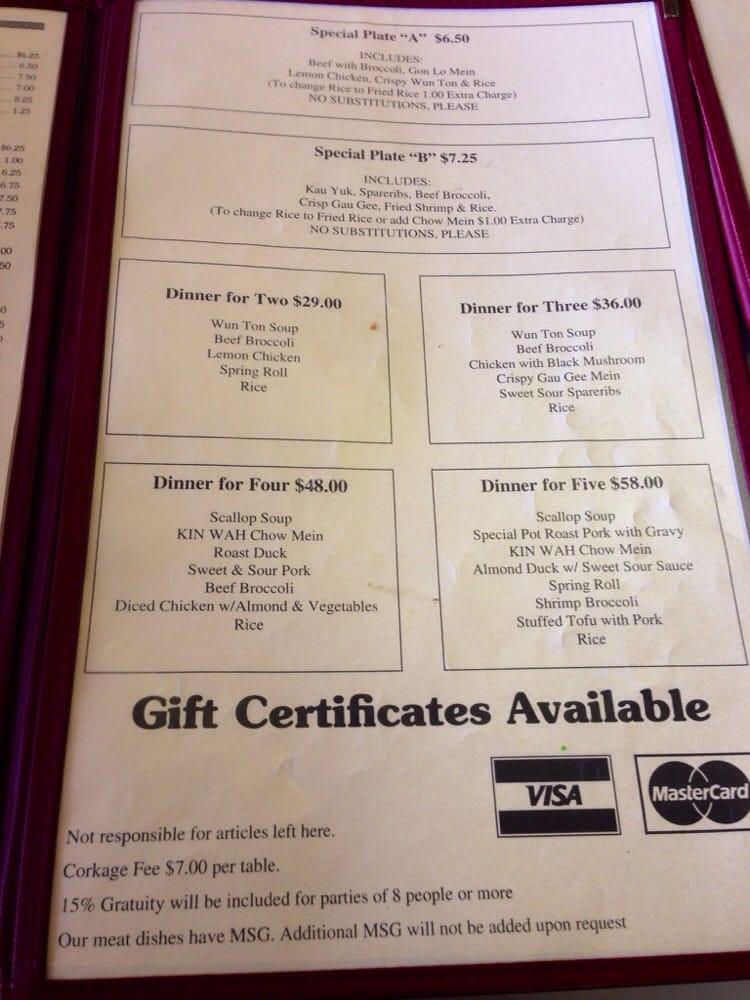 Menu at Kin Wah Chop Suey restaurant, Kaneohe