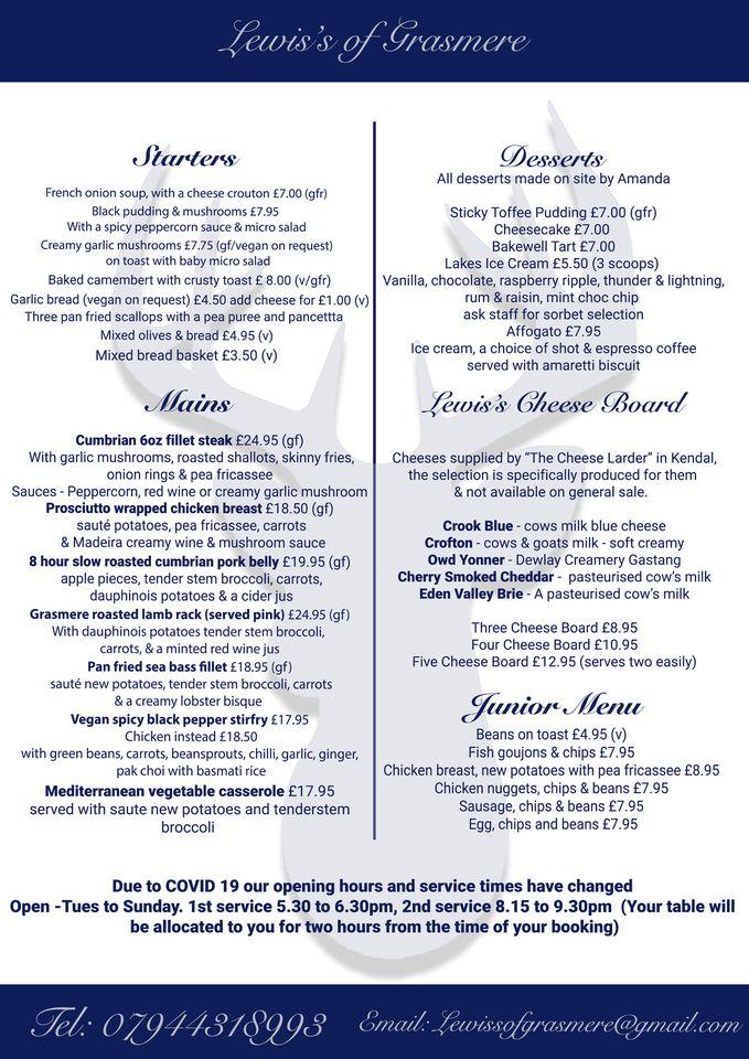 Menu at Lewis's Bistro restaurant, Grasmere