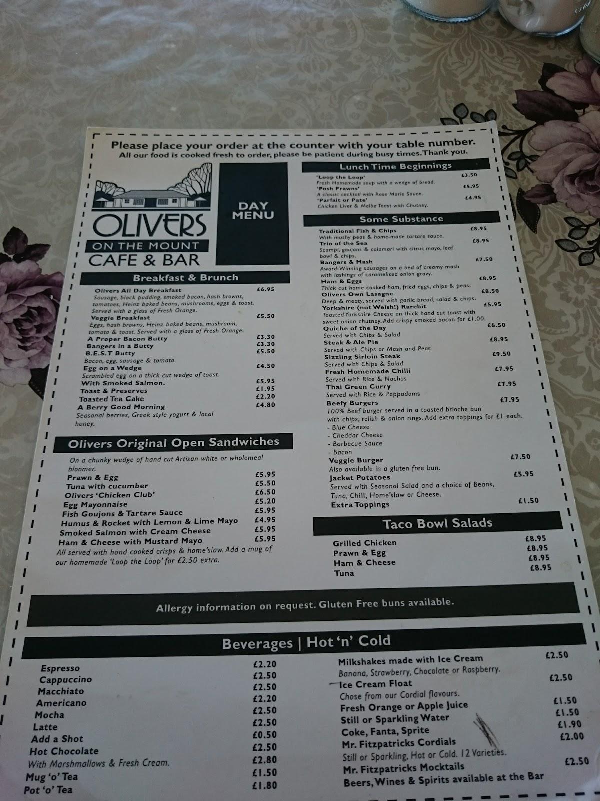 Menu at Olivers on the Mount restaurant, Scarborough, Olivers Mt
