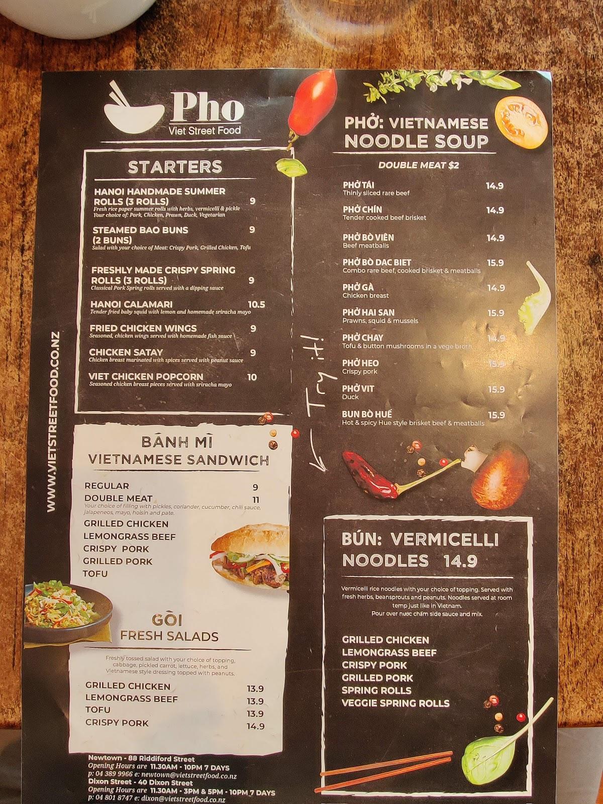 Menu at Pho Viet Street Food restaurant, Wellington, 40 Dixon St
