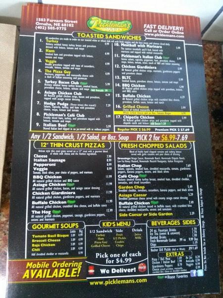 Menu at Pickleman's Gourmet Cafe, Omaha, Farnam St