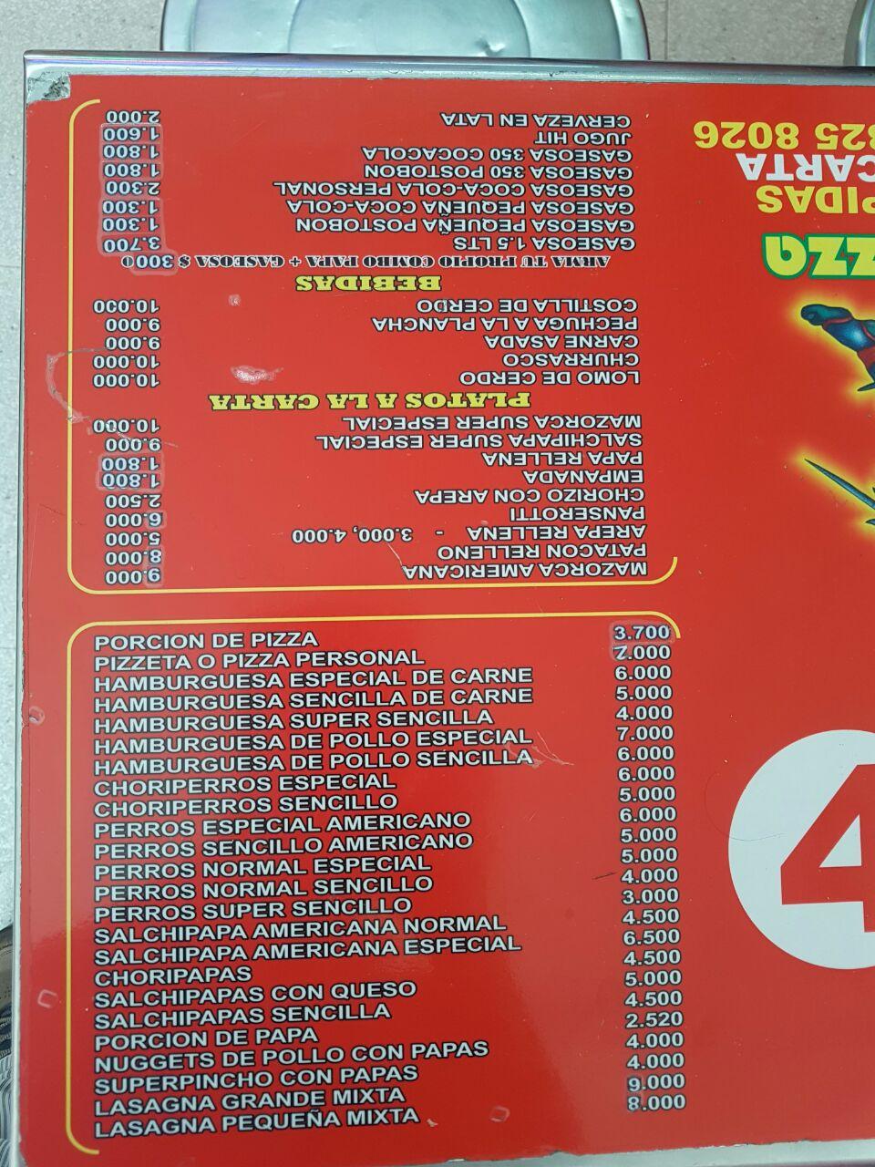 Menu at Pizza Triple A restaurant, Bogotá