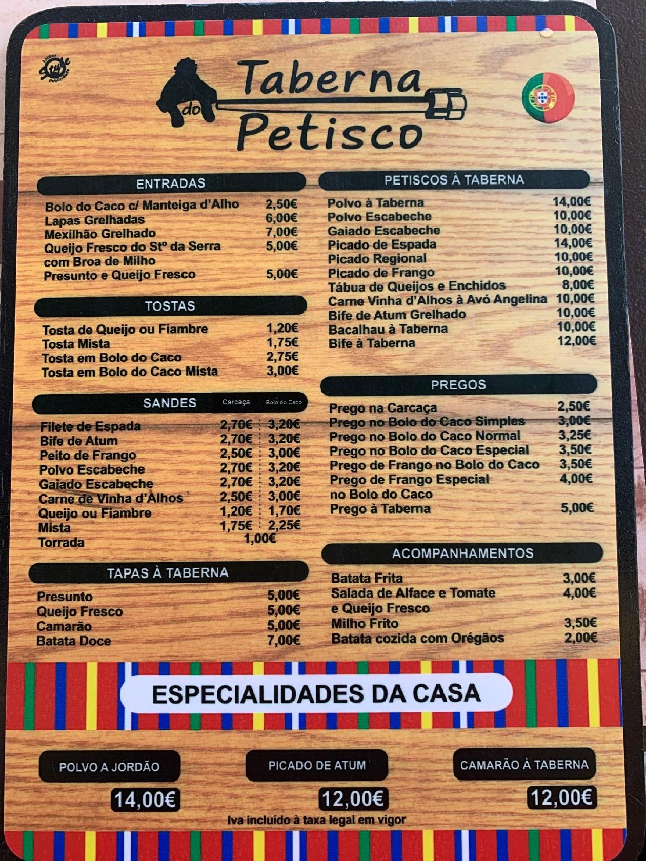 Carta del pub y bar Taberna do Petisco, Santa Cruz