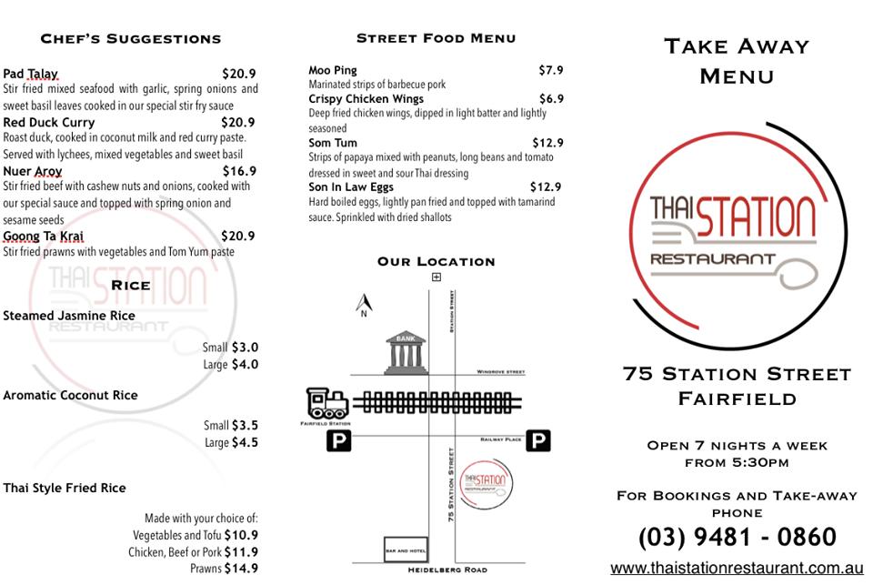 Menu at Thai Station restaurant, Fairfield