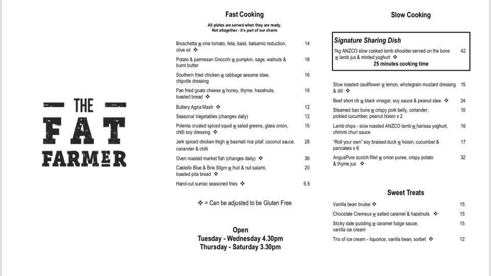 Menu at The Fat Farmer restaurant, Palmerston North