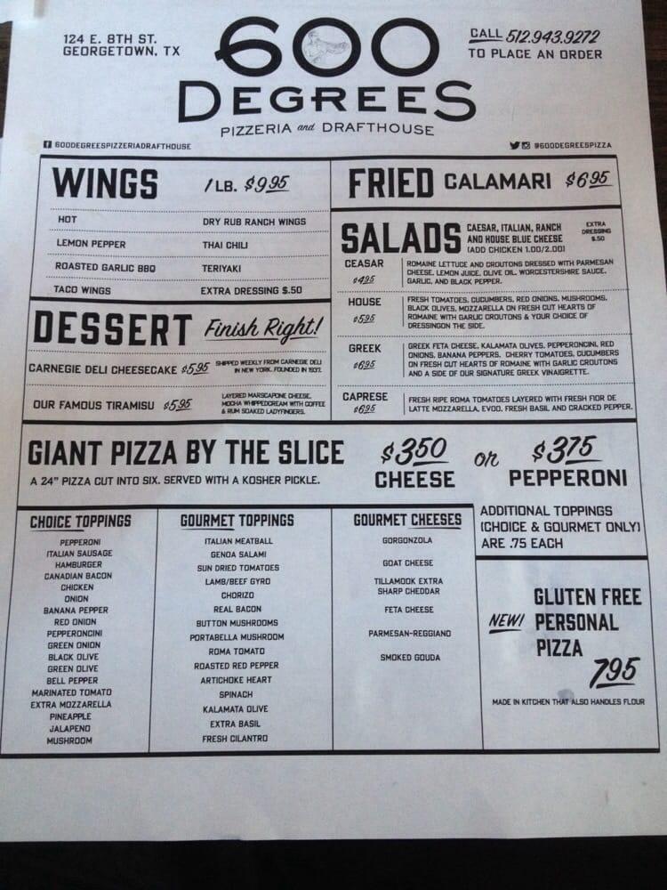 Menu at 600 Degrees Pizzeria, Georgetown