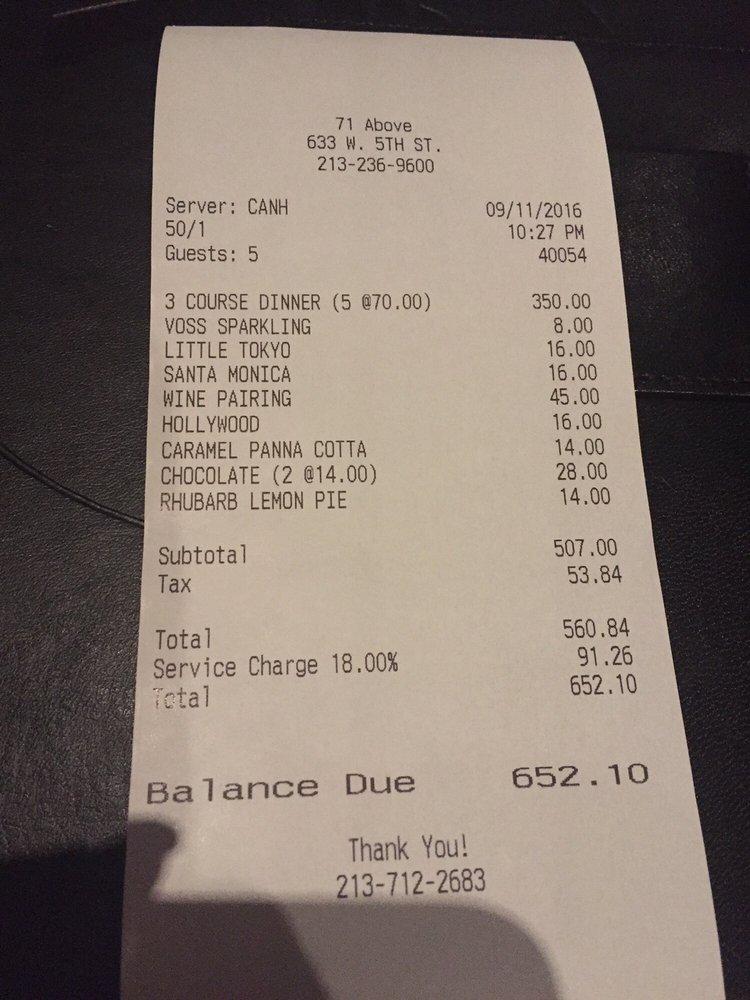 Menu at 71Above pub & bar, Los Angeles