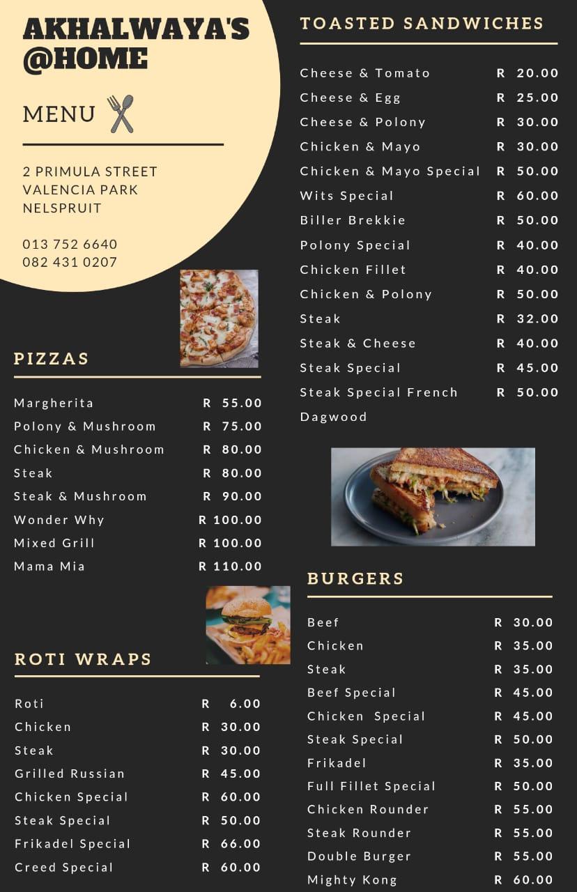 Speisekarte von Akhalwayas Foods restaurant, Mbombela