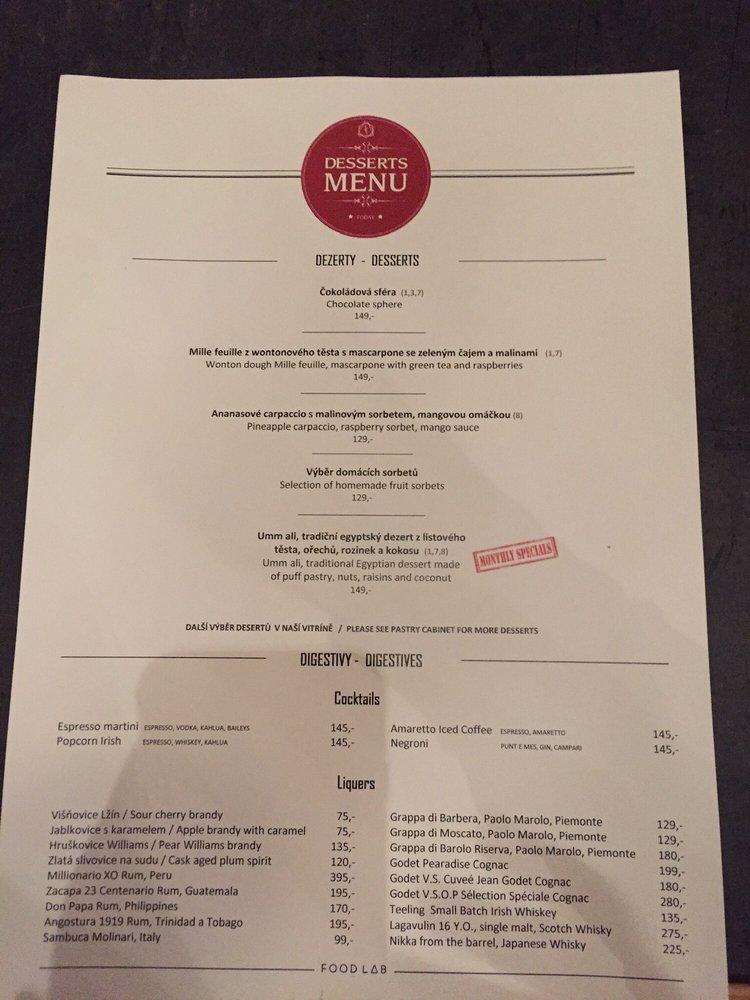 Carta del restaurante Food Lab, Praga