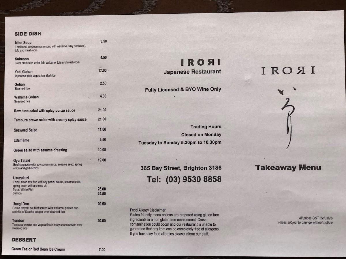 Menu at Irori Japanese Restaurant, Brighton