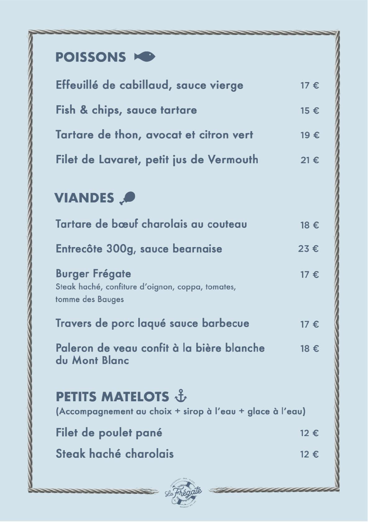 Menu au La Frégate restaurant, Le Bourget-du-Lac