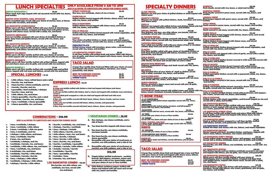 Menu at Los Ranchitos Mexican Restaurant, Geneseo