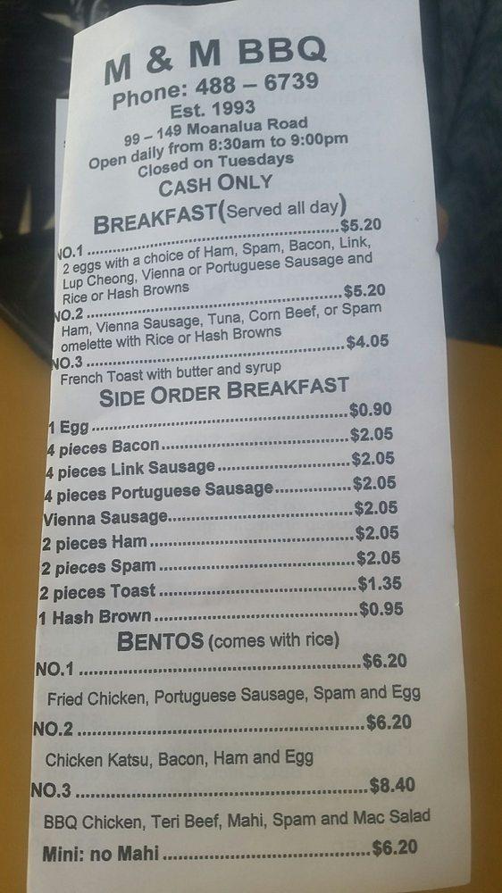 Menu at M & M BBQ, Aiea