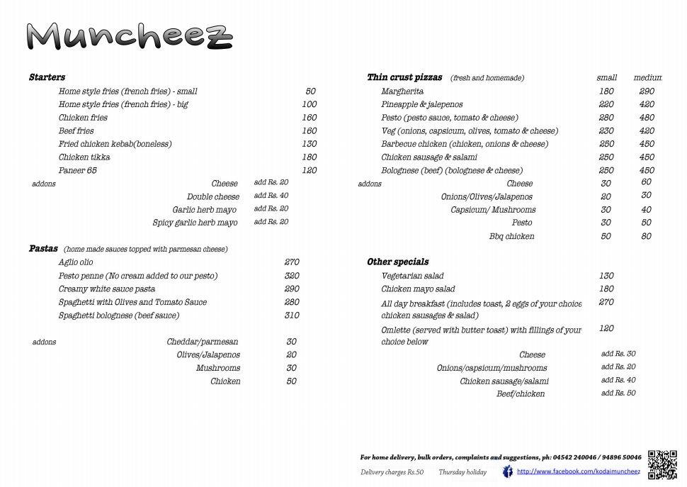 Menu at Muncheez, Kodaikanal