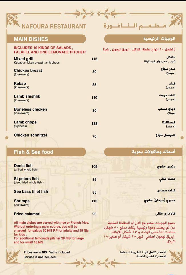 Menu at Nafoura Restaurant, Jerusalem