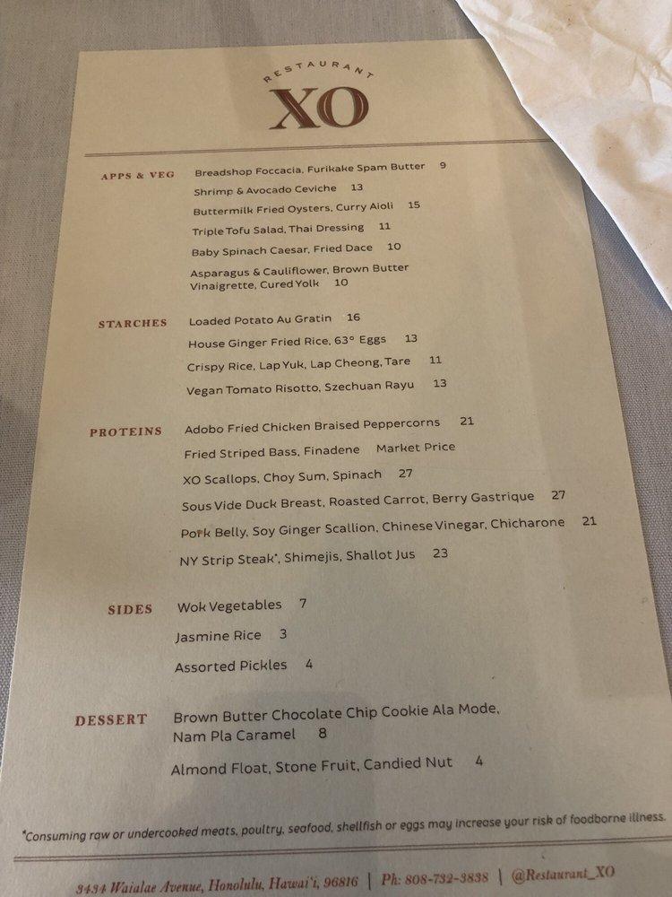 Menu at Restaurant XO, Honolulu