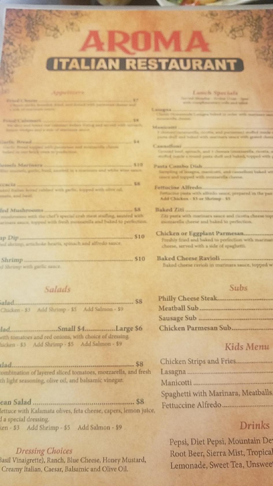 Menu at Aroma restaurant, Diamondhead