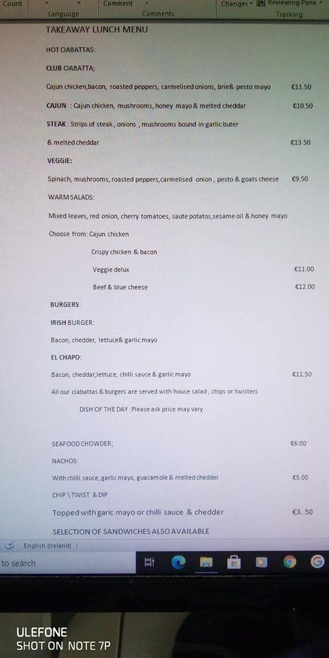 Menu at Cafe Vega, Cobh, 6 Casement Square
