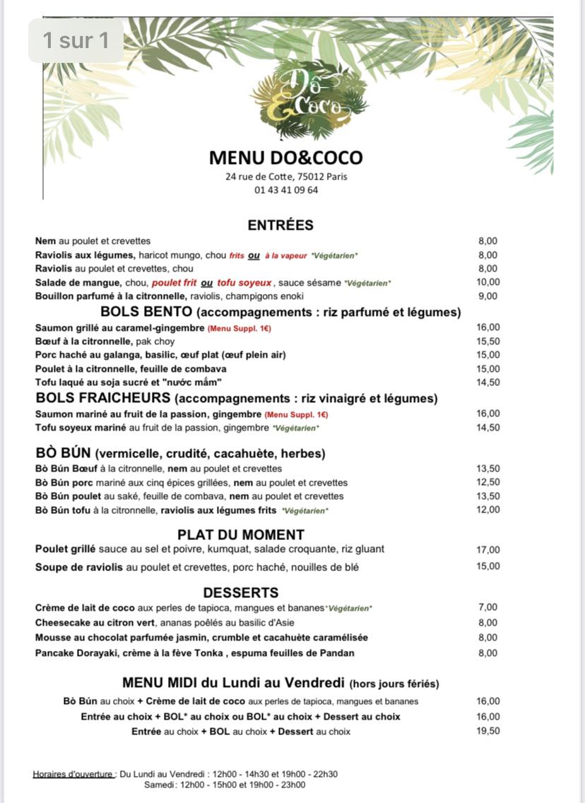 Menu au DO ET COCO restaurant, Paris