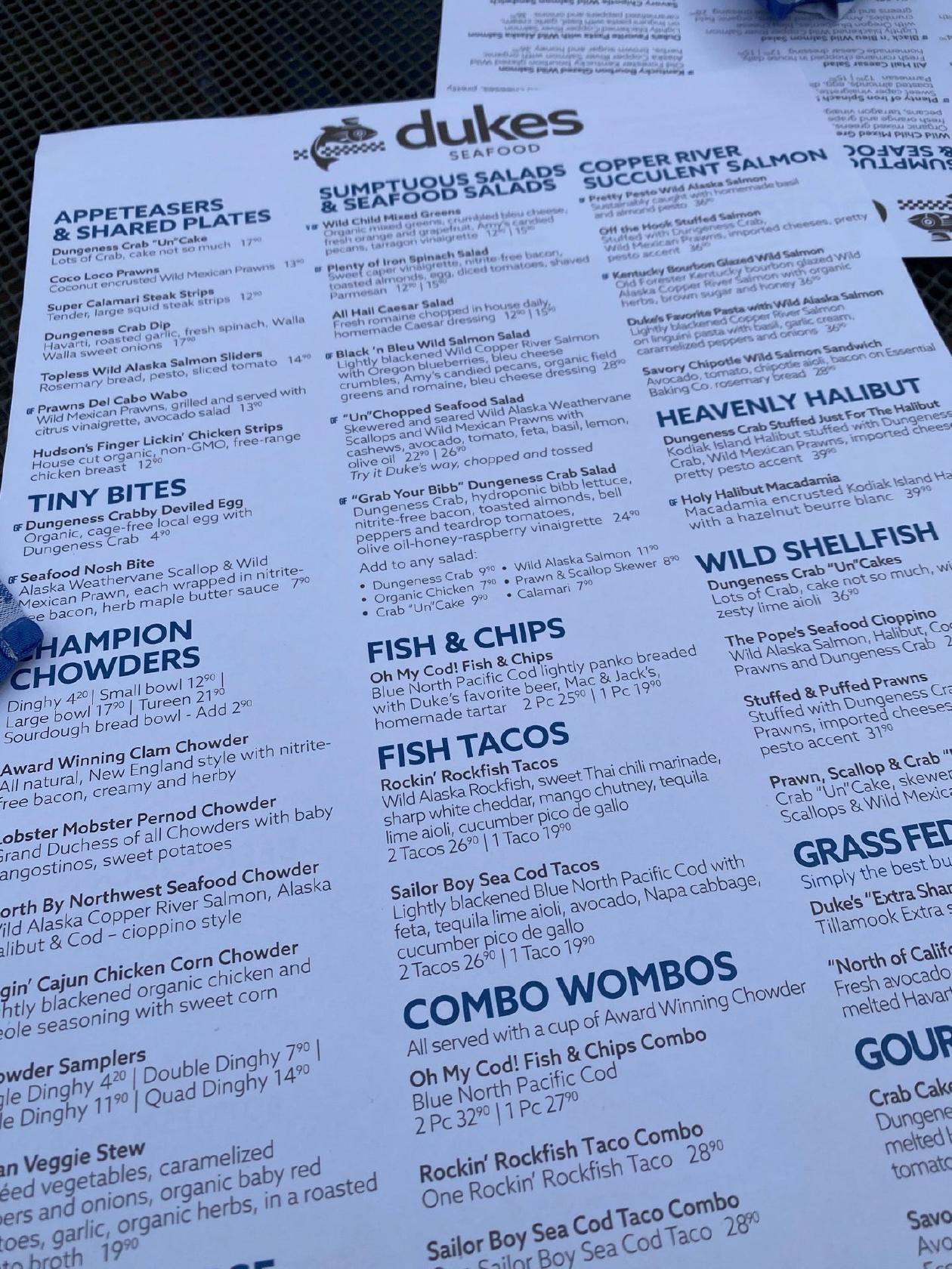 Menu at Duke's Seafood restaurant, Tacoma