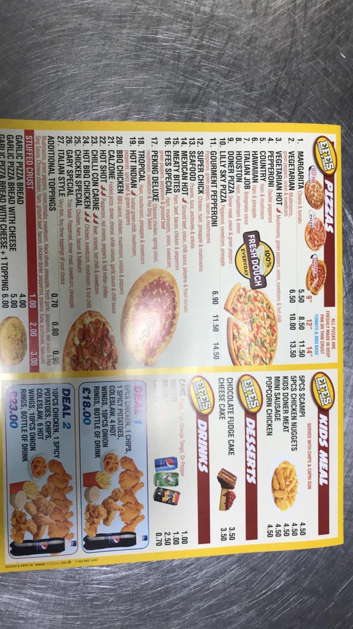 Carta de pizzería Efes Kebab, Buntingford
