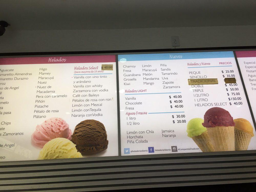 Menu at Helados Siberia cafe, Mexico City, Jardín Plaza Hidalgo 6