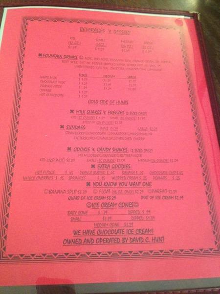 Menu at Hunt's Dairy Bar, Park Hills, E Main St