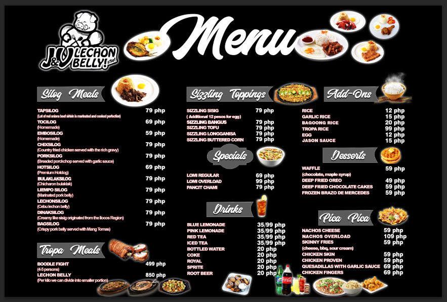 Menu at J&J lechon belly Calle Sizzlingan restaurant, Makati