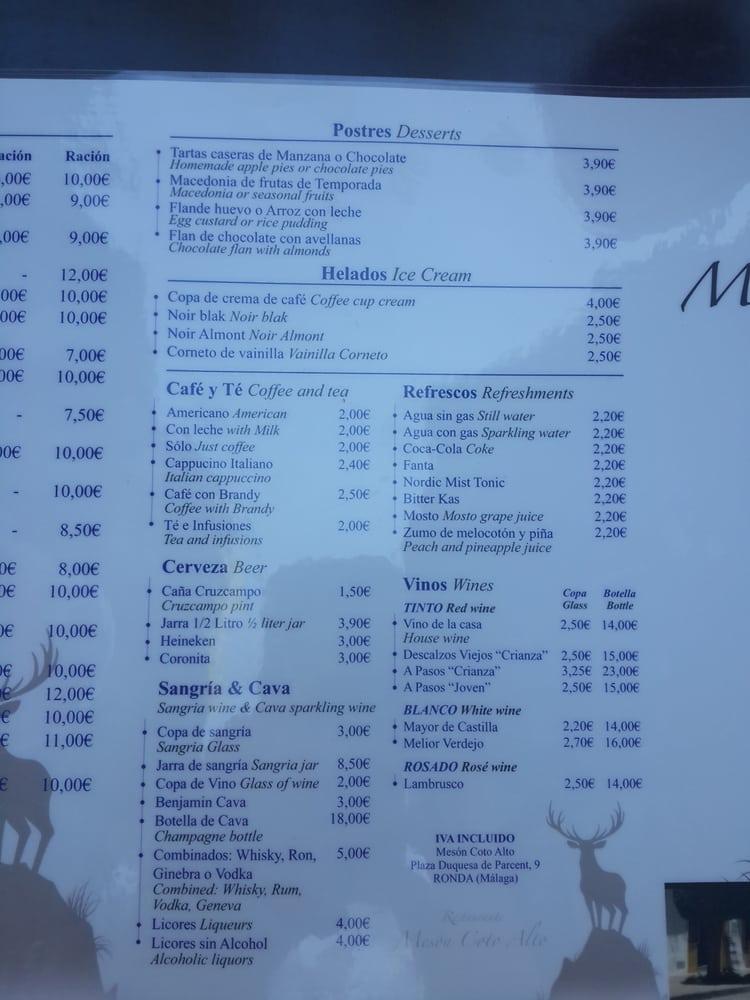 Carta del pub y bar Mesón El Coto Alto, Ronda