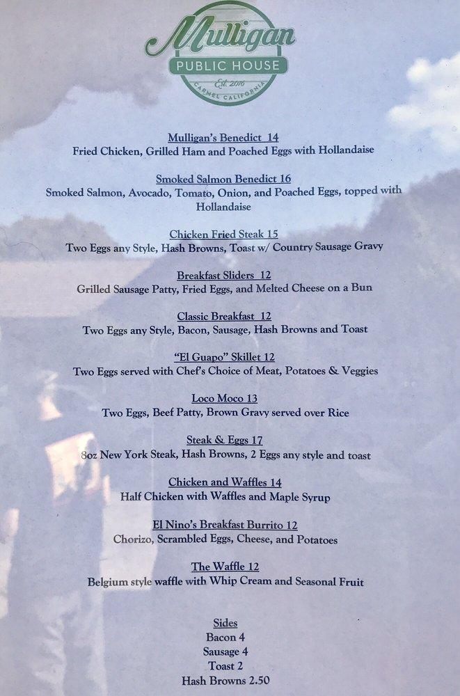 Menu at Mulligan Public House, Carmel-by-the-Sea