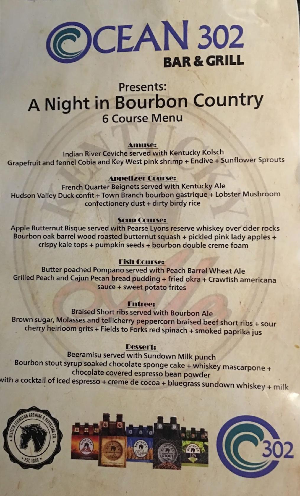 Menu at Ocean 302 steakhouse, Melbourne Beach