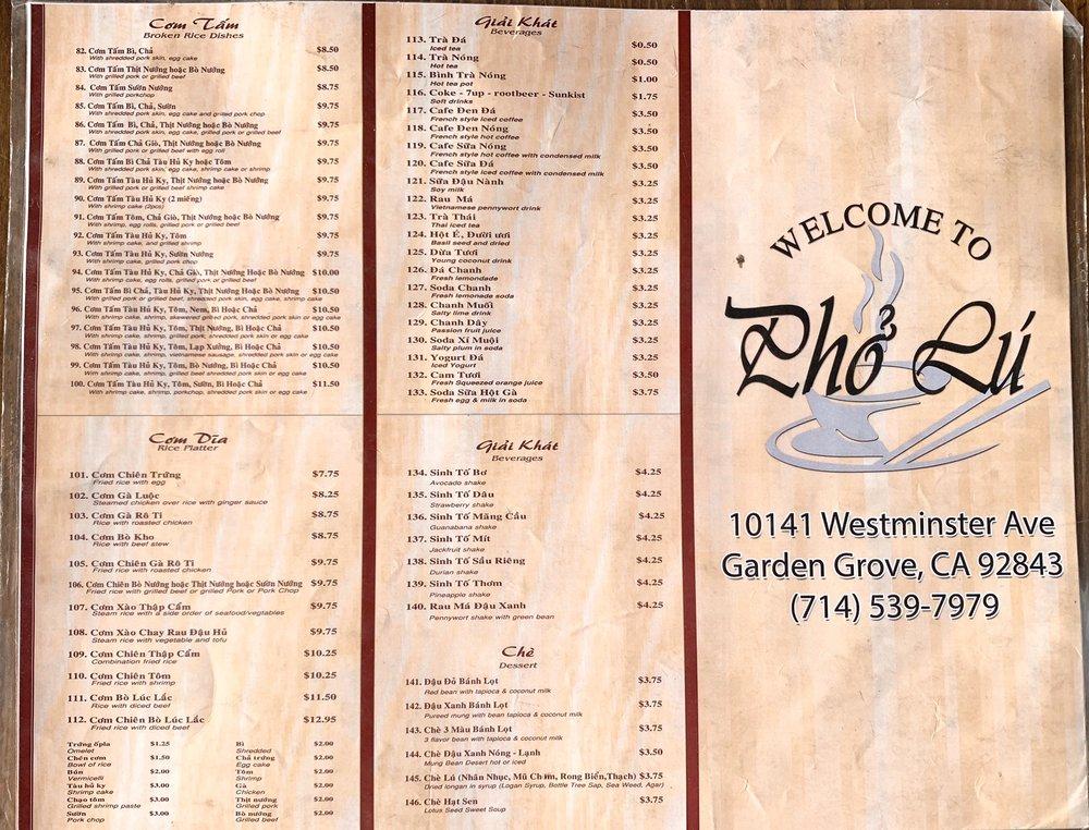Carta del restaurante Phở Lú, Garden Grove