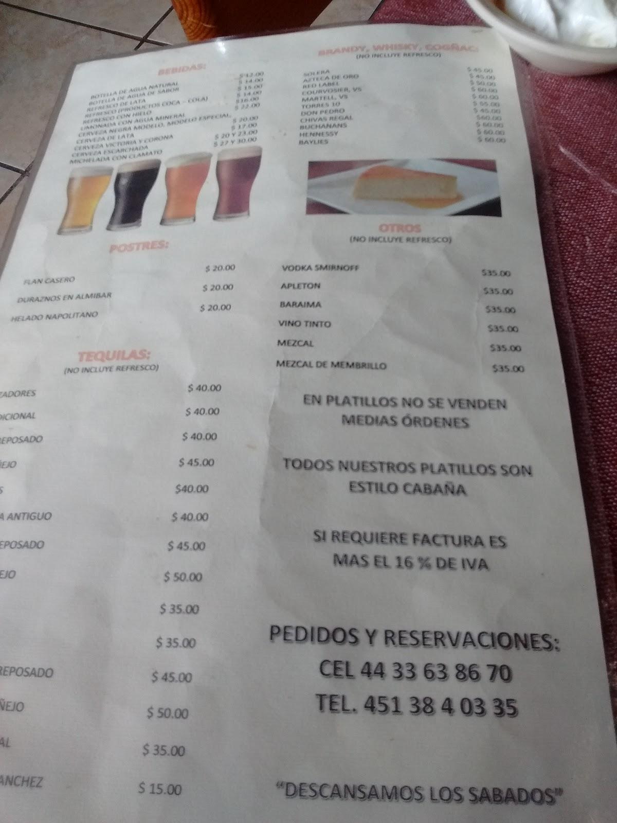 Menu at La Cabaña de Blas restaurant, Charo