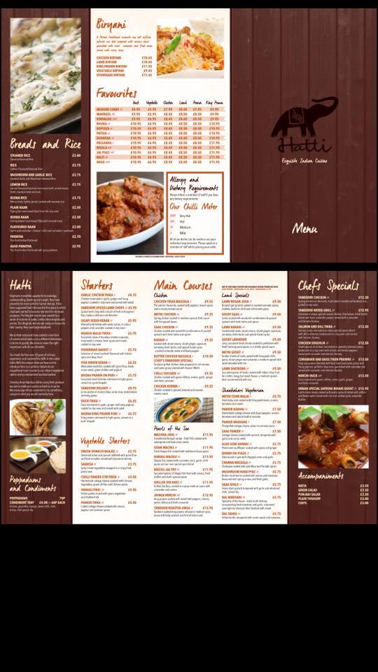 Menu at Tiffins restaurant, Cwmbran