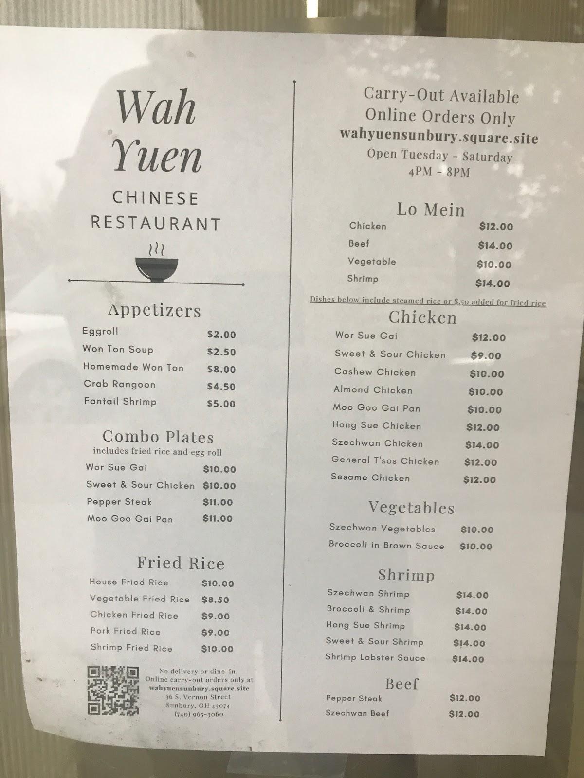 Menu at Wah Yuen restaurant, Sunbury