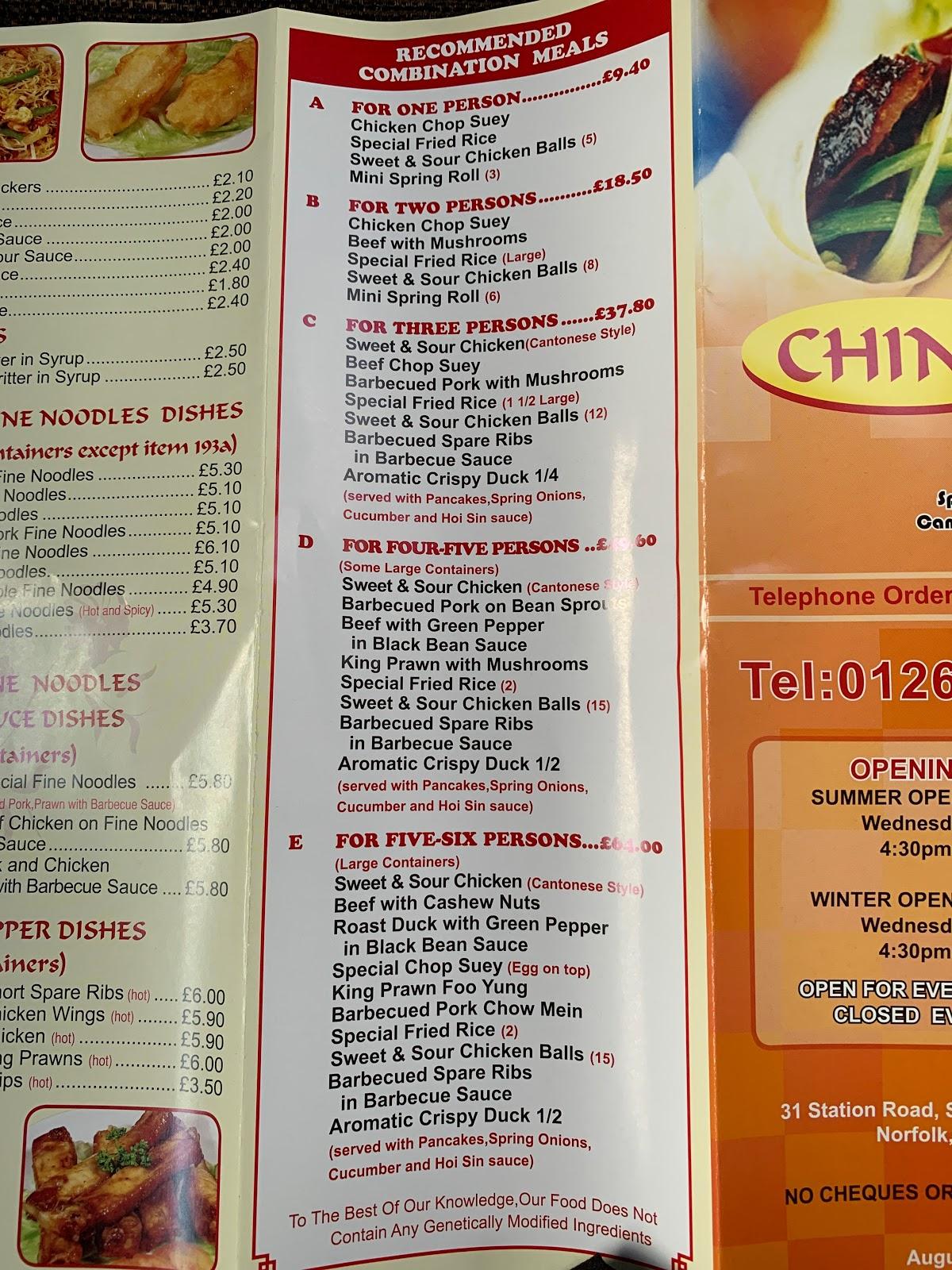 Menu at China City fast food, Cromer
