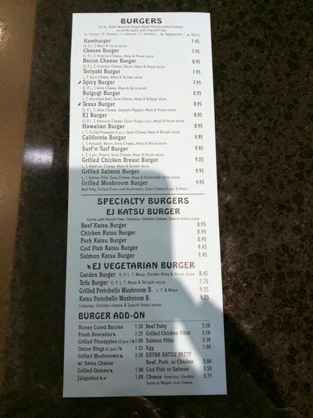 Menu at EJ Burger restaurant, Cathcart