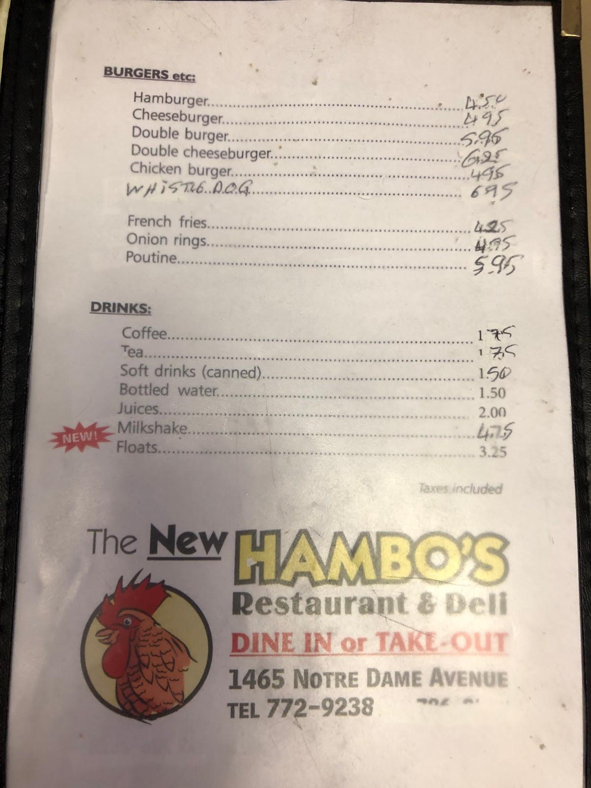 Menu at Hambo's Restaurant, Winnipeg